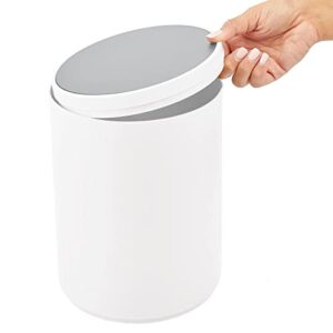 mDesign Plastic Small Slim Round 1.7 Gallon/6.5 Liter Trash Can with Removable Swing Lid - Wastebasket, Garbage Container Basket Bin for Master/Guest Bathroom - Holds Rubbish/Recycle - White/Gray