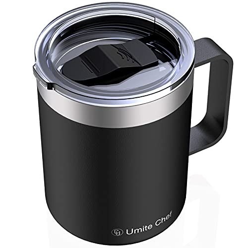 Umite Chef Stainless Steel Insulated Coffee Mug Tumbler with Handle, 12 oz Double Wall Vacuum Tumbler Cup with Lid Insulated Camping Tea Flask for Hot & Cold Drinks(Black)