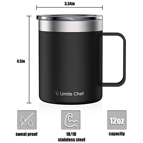 Umite Chef Stainless Steel Insulated Coffee Mug Tumbler with Handle, 12 oz Double Wall Vacuum Tumbler Cup with Lid Insulated Camping Tea Flask for Hot & Cold Drinks(Black)