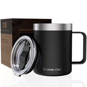 Umite Chef Stainless Steel Insulated Coffee Mug Tumbler with Handle, 12 oz Double Wall Vacuum Tumbler Cup with Lid Insulated Camping Tea Flask for Hot & Cold Drinks(Black)