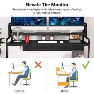 Tribesigns 55 Inch Computer Desk with Hutch, Large Gaming Desk with Monitor Shelf and Storage Shelves, Studio Workstation Desk Studying Writing Table for Home Office (Black)