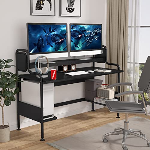 Tribesigns 55 Inch Computer Desk with Hutch, Large Gaming Desk with Monitor Shelf and Storage Shelves, Studio Workstation Desk Studying Writing Table for Home Office (Black)