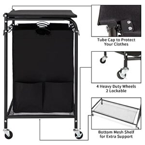 HollyHOME Laundry Sorter Cart with Foldable Ironing Board with Removable 3 Bags Laundry Hamper Sorter with Small cloth bags on both sides Black