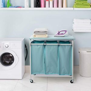 HollyHOME Laundry Sorter Cart with Foldable Ironing Board Rolling Heavy-Duty Laundry Hamper with Removable Bags Mobile Brake Caster Light Blue 29.5"W x 17.7"D x 29.5"H