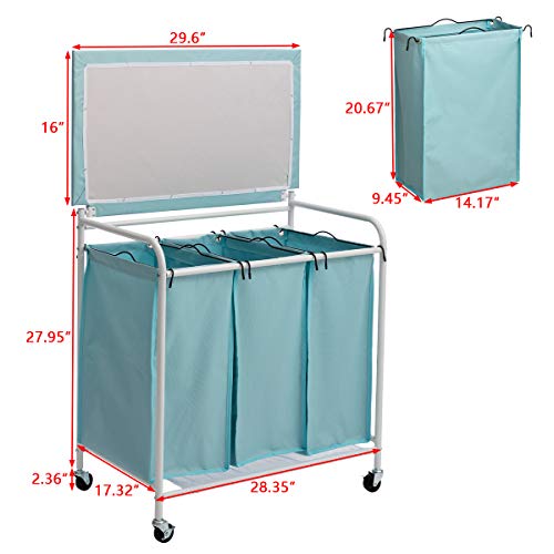 HollyHOME Laundry Sorter Cart with Foldable Ironing Board Rolling Heavy-Duty Laundry Hamper with Removable Bags Mobile Brake Caster Light Blue 29.5"W x 17.7"D x 29.5"H