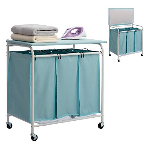 HollyHOME Laundry Sorter Cart with Foldable Ironing Board Rolling Heavy-Duty Laundry Hamper with Removable Bags Mobile Brake Caster Light Blue 29.5"W x 17.7"D x 29.5"H