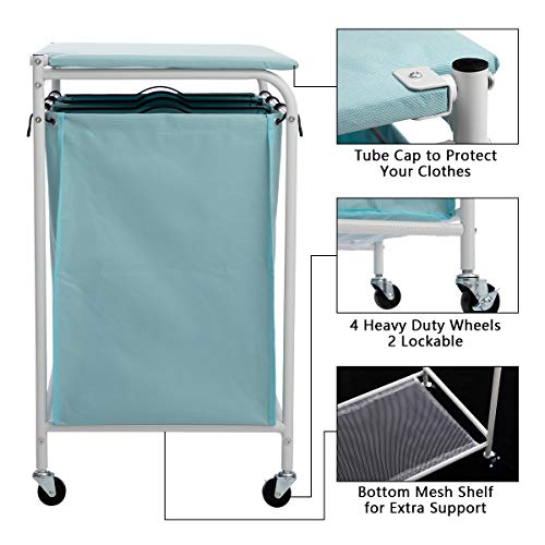 HollyHOME Laundry Sorter Cart with Foldable Ironing Board Rolling Heavy-Duty Laundry Hamper with Removable Bags Mobile Brake Caster Light Blue 29.5"W x 17.7"D x 29.5"H