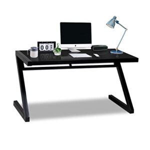 TY ARTS & CULTURE 55'' Z Shape Computer Desk Tempered Glass Table Modern Office Desk Gaming Desk Study Writing Desk Workstation for Home Office USB Accessory Attribute Multi Functional Black Desk