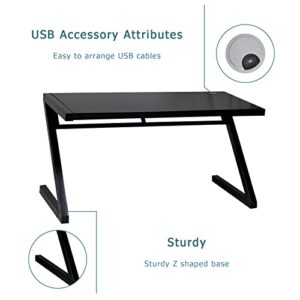 TY ARTS & CULTURE 55'' Z Shape Computer Desk Tempered Glass Table Modern Office Desk Gaming Desk Study Writing Desk Workstation for Home Office USB Accessory Attribute Multi Functional Black Desk