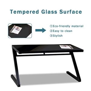 TY ARTS & CULTURE 55'' Z Shape Computer Desk Tempered Glass Table Modern Office Desk Gaming Desk Study Writing Desk Workstation for Home Office USB Accessory Attribute Multi Functional Black Desk