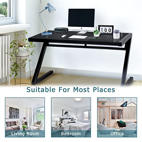 TY ARTS & CULTURE 55'' Z Shape Computer Desk Tempered Glass Table Modern Office Desk Gaming Desk Study Writing Desk Workstation for Home Office USB Accessory Attribute Multi Functional Black Desk