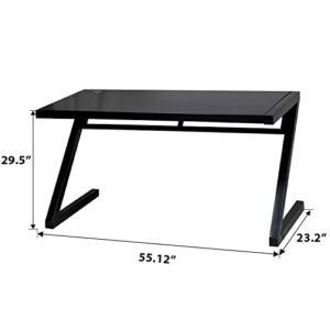 TY ARTS & CULTURE 55'' Z Shape Computer Desk Tempered Glass Table Modern Office Desk Gaming Desk Study Writing Desk Workstation for Home Office USB Accessory Attribute Multi Functional Black Desk