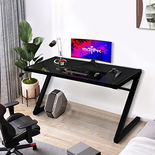 TY ARTS & CULTURE 55'' Z Shape Computer Desk Tempered Glass Table Modern Office Desk Gaming Desk Study Writing Desk Workstation for Home Office USB Accessory Attribute Multi Functional Black Desk