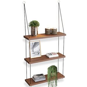 omysa hanging shelves - 3 tier wall shelf - cute boho room decor for bedroom, bathroom, living room - floating wood small bookshelves - window, macrame - brown