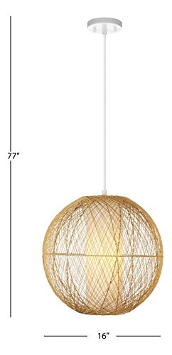 Globe Electric 61014 1-Light Pendant, Natural Rattan Shade, White Inner Fabric Shade, Designer White Cloth Cord, Bulb Included