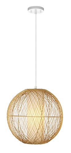 Globe Electric 61014 1-Light Pendant, Natural Rattan Shade, White Inner Fabric Shade, Designer White Cloth Cord, Bulb Included