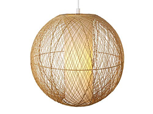 Globe Electric 61014 1-Light Pendant, Natural Rattan Shade, White Inner Fabric Shade, Designer White Cloth Cord, Bulb Included