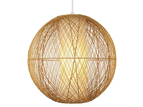 Globe Electric 61014 1-Light Pendant, Natural Rattan Shade, White Inner Fabric Shade, Designer White Cloth Cord, Bulb Included