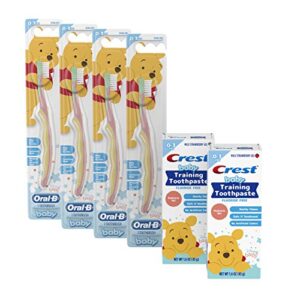 Crest & Oral-B Baby Toothbrush and Toothpaste Training Kit for Infant and Toddler Age 0-3, Fluoride-Free, (2) Gel Toothpastes 1.6 oz ea. + (4) Toothbrushes, Disney's Winnie the Pooh