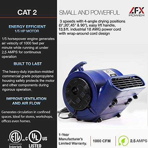 AFX POWER CAT 2 Air Mover Blower Carpet Dryer Floor Fan, for Restoration and Janitorial Use, to Clean and Dry Water Spills, Leaks or Floods (1/3 HP)