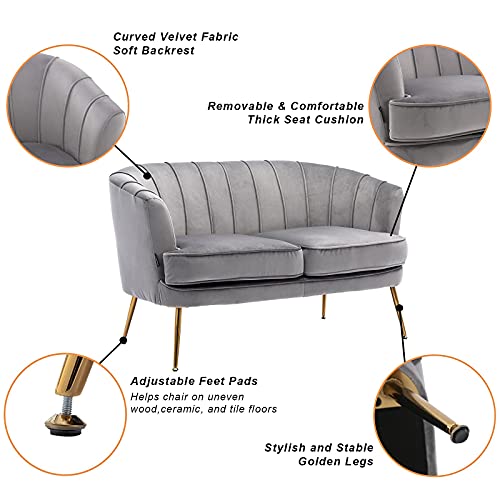 Artechworks Contemporary Velvet Loveseat Chair with Gold-Finished Metal Legs, 2-Seat Sofa for Living Room, Bedroom, Home Office, Grey