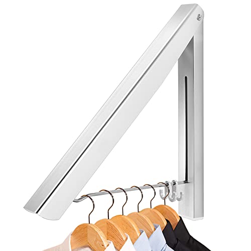 LIVEHITOP Wall Mounted Clothes Hanger, Foldable Clothes Airer Coat Rail Space Saving Dryer Rack for Laundry Bedroom Hotel RV (Silver)