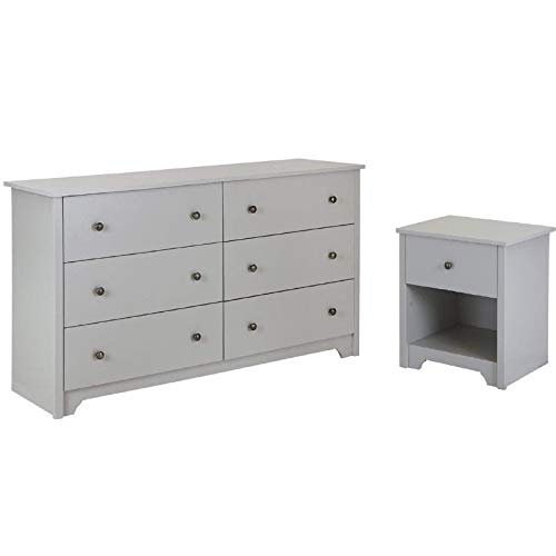 Home Square 2 Piece Modern Bedroom Furniture Set - 6 Drawer Double Dresser for Bedroom/Small Nightstand with Drawer and Shelf/Light Grey