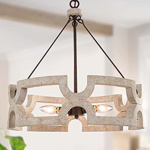 LALUZ Farmhouse Chandelier, Wood Drum Chandelier for Kitchen Island, Foyer, Dining Room, Distressed White, 3-Light, 19.5" Dia