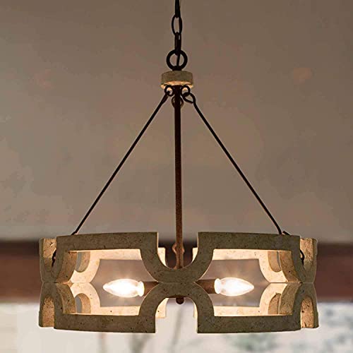 LALUZ Farmhouse Chandelier, Wood Drum Chandelier for Kitchen Island, Foyer, Dining Room, Distressed White, 3-Light, 19.5" Dia