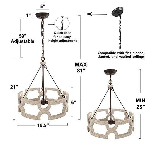 LALUZ Farmhouse Chandelier, Wood Drum Chandelier for Kitchen Island, Foyer, Dining Room, Distressed White, 3-Light, 19.5" Dia