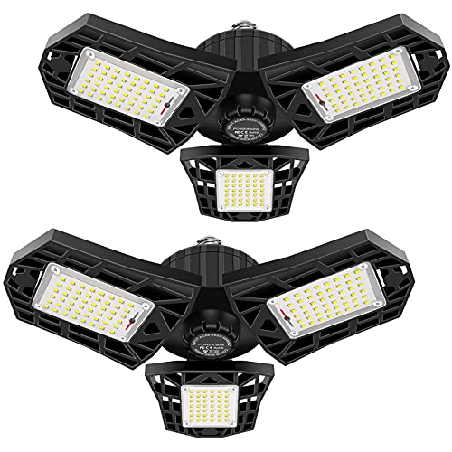 GHUSTAR 2-Pack LED Garage Light 60W Garage Lighting - 6000LM 6500K LED Deformable Garage Ceiling Lights, LED Shop Light with Adjustable Multi-Position Panels, LED Glow Light for Garage, Workshop