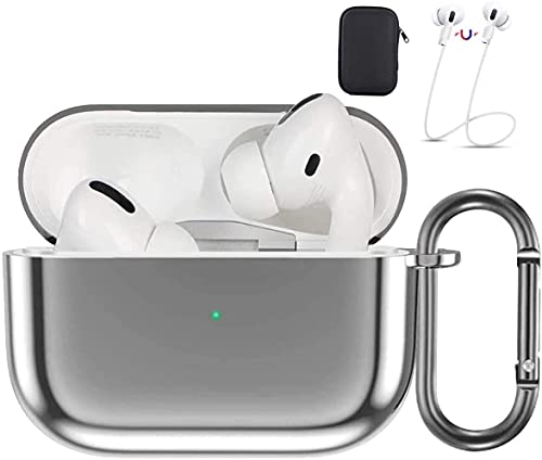 Aiiko AirPods Pro Case Cover, Soft TPU Plated Full Protective Shockproof Cover with Keychain/Anti-Lost Straps and EVA Box Set for AirPods Pro Case 2019 (Front LED Visible)-Silver