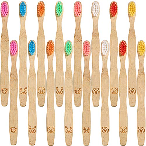 16 Pcs Kids Bamboo Toothbrush Soft Bristle Natural Toothbrush Wooden Toothbrushes Kids Toothbrush with Colorful Bristles and Ergonomic Animal Designs Handles for Kids