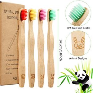 16 Pcs Kids Bamboo Toothbrush Soft Bristle Natural Toothbrush Wooden Toothbrushes Kids Toothbrush with Colorful Bristles and Ergonomic Animal Designs Handles for Kids