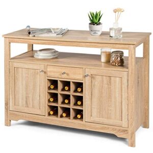 giantex buffet server sideboard, console table, wood dining table, cupboard table with 2 cabinets, 1 drawer and 9 wine cabinets, storage organizer kitchen and dining room (natural)