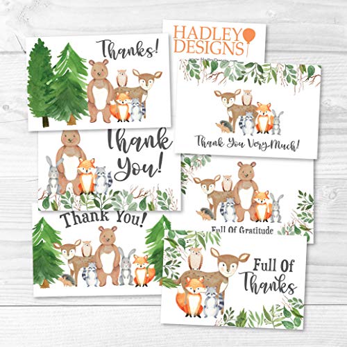 24 Woodland Thank You Cards With Envelopes, Kids or Baby Shower Thank You Note, Rustic Animal Deer or Fox, 4x6 Varied Gratitude Pack For Party, Birthday Boy or Girl Children, Appreciation Stationery