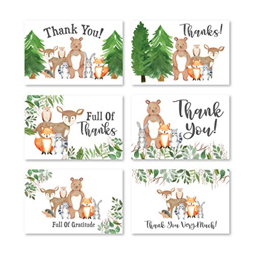 24 Woodland Thank You Cards With Envelopes, Kids or Baby Shower Thank You Note, Rustic Animal Deer or Fox, 4x6 Varied Gratitude Pack For Party, Birthday Boy or Girl Children, Appreciation Stationery