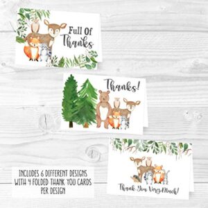 24 Woodland Thank You Cards With Envelopes, Kids or Baby Shower Thank You Note, Rustic Animal Deer or Fox, 4x6 Varied Gratitude Pack For Party, Birthday Boy or Girl Children, Appreciation Stationery