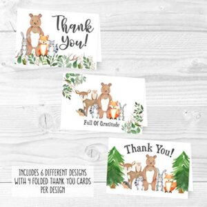 24 Woodland Thank You Cards With Envelopes, Kids or Baby Shower Thank You Note, Rustic Animal Deer or Fox, 4x6 Varied Gratitude Pack For Party, Birthday Boy or Girl Children, Appreciation Stationery