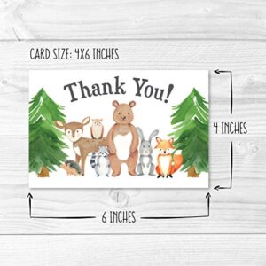 24 Woodland Thank You Cards With Envelopes, Kids or Baby Shower Thank You Note, Rustic Animal Deer or Fox, 4x6 Varied Gratitude Pack For Party, Birthday Boy or Girl Children, Appreciation Stationery