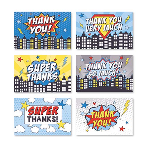 24 Superhero Thank You Cards With Envelopes, Kids Birthday Party or Adult Comic Red Blue Bam Pow Gratitude Supplies For Grad, Baby or Bridal Wedding Shower, For Boy or Girl Children Hero Stationery