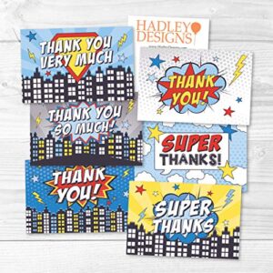 24 Superhero Thank You Cards With Envelopes, Kids Birthday Party or Adult Comic Red Blue Bam Pow Gratitude Supplies For Grad, Baby or Bridal Wedding Shower, For Boy or Girl Children Hero Stationery