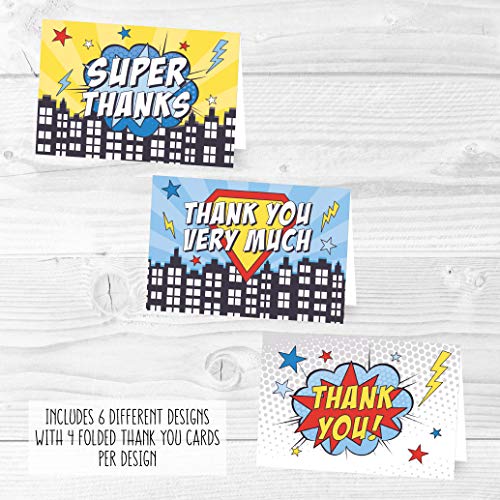 24 Superhero Thank You Cards With Envelopes, Kids Birthday Party or Adult Comic Red Blue Bam Pow Gratitude Supplies For Grad, Baby or Bridal Wedding Shower, For Boy or Girl Children Hero Stationery