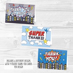 24 Superhero Thank You Cards With Envelopes, Kids Birthday Party or Adult Comic Red Blue Bam Pow Gratitude Supplies For Grad, Baby or Bridal Wedding Shower, For Boy or Girl Children Hero Stationery