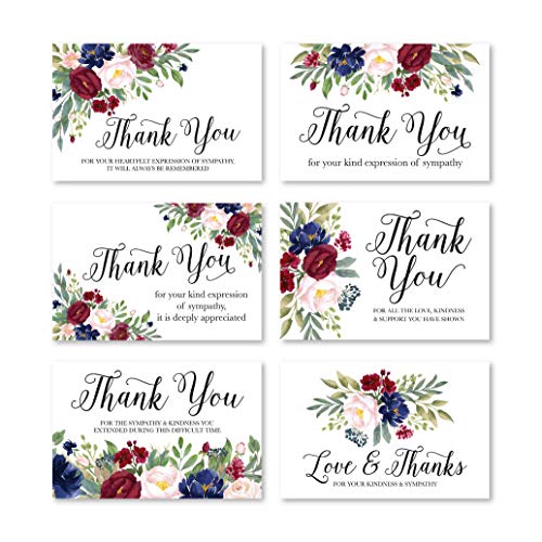 24 Navy Burgundy Floral Sympathy Thank You Cards With Envelopes, Bereavement Funeral Thank You Note, Condolence Gratitude Supplies, Personalized Religious Military Memorial With Message Stationery