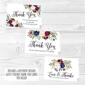 24 Navy Burgundy Floral Sympathy Thank You Cards With Envelopes, Bereavement Funeral Thank You Note, Condolence Gratitude Supplies, Personalized Religious Military Memorial With Message Stationery