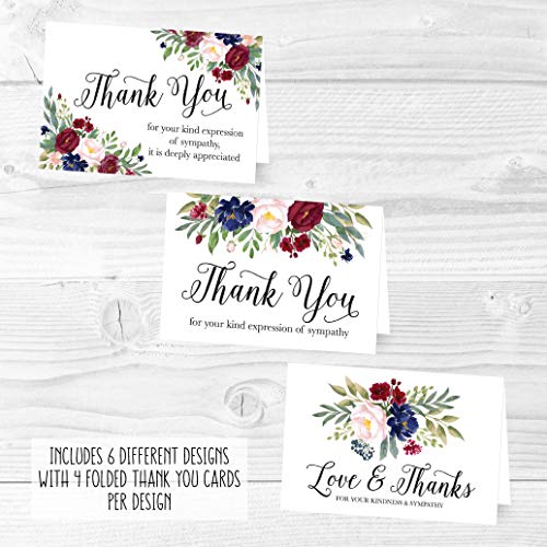 24 Navy Burgundy Floral Sympathy Thank You Cards With Envelopes, Bereavement Funeral Thank You Note, Condolence Gratitude Supplies, Personalized Religious Military Memorial With Message Stationery