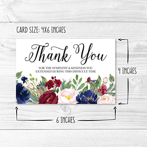 24 Navy Burgundy Floral Sympathy Thank You Cards With Envelopes, Bereavement Funeral Thank You Note, Condolence Gratitude Supplies, Personalized Religious Military Memorial With Message Stationery