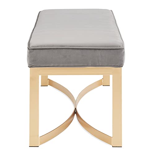 Martha Stewart Secor Entryway Accent Bench With Gold Metal Half Moon Base, Cushion Seat, Modern Suede-Like Fabric Sitting Bench, Easy Assembly Bedroom Furniture, 48" W x 16" D x 18" H, Grey