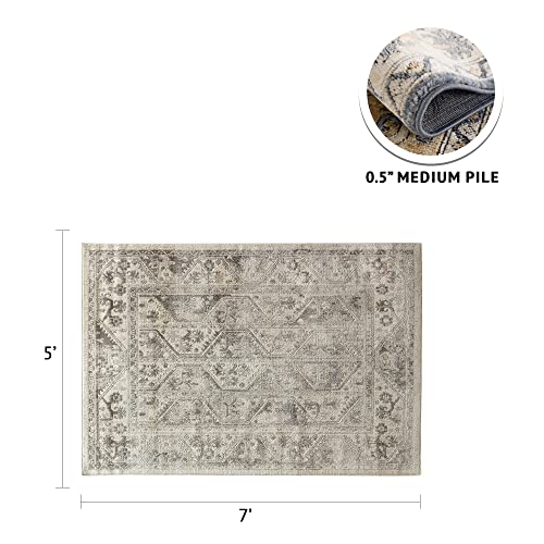 Madison Park Dakota Vienna Woven Turkish Area Rugs for Living Room, Indoor Dining Accent Modern Home Décor, Ultra Soft Floor Carpets for Dining Room, 5'3"W x 7'L, Distressed Tiled Beige